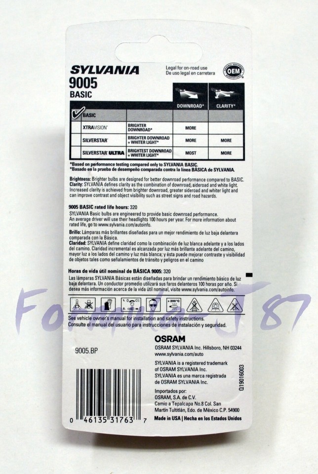 Sylvania Basic 9005 HB3 65W One Bulb Headlight High Beam Replacement ...