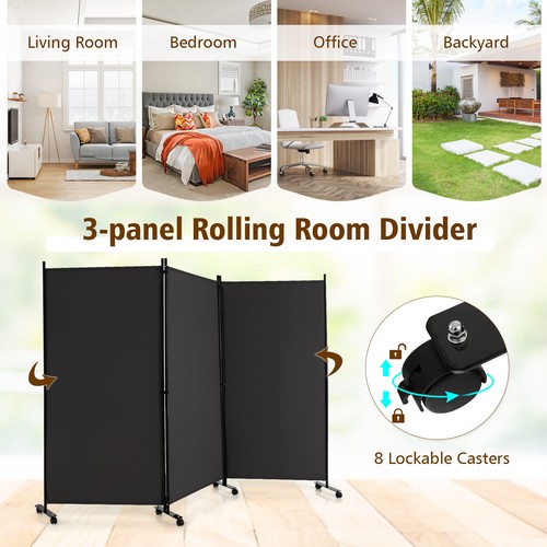 3-Panel Folding Room Divider 6Ft Rolling Privacy Screen w/Lockable ...