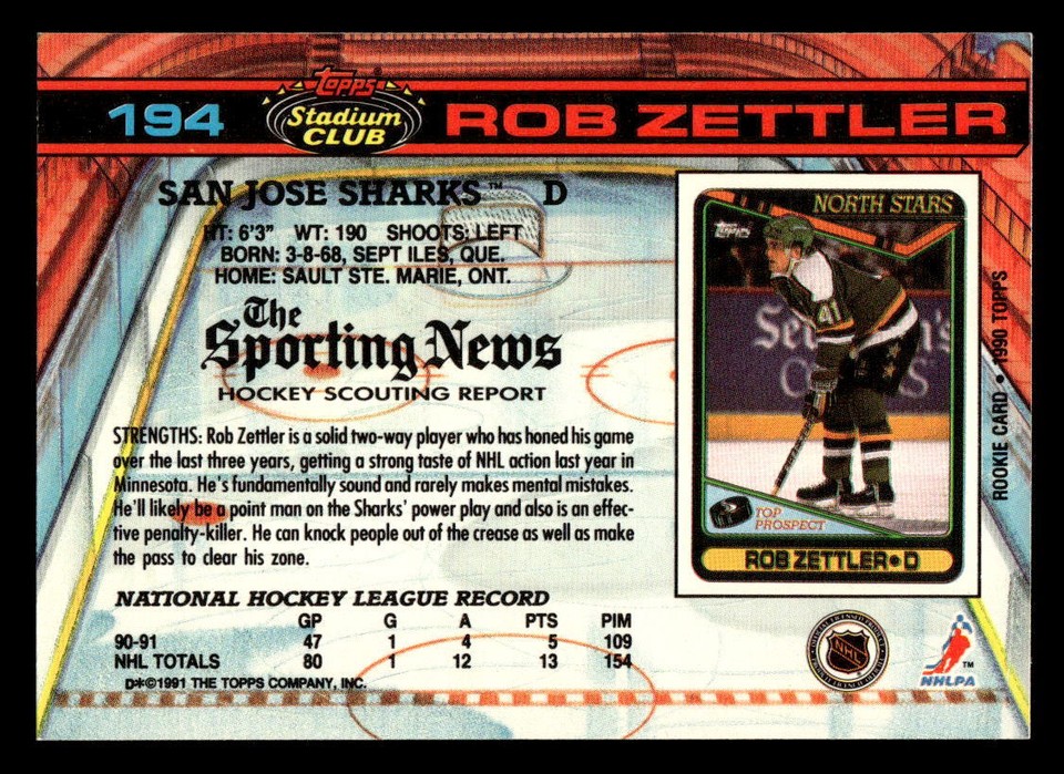 Rob Zettler 1991 Stadium Club #194 San Jose Sharks | eBay