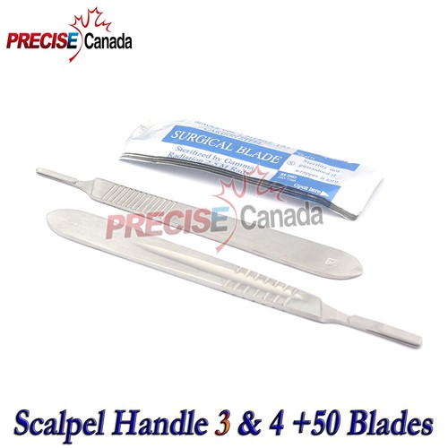 2 assorted scalpel knife handles #3 #4 50 surgical carbon steel blades ...