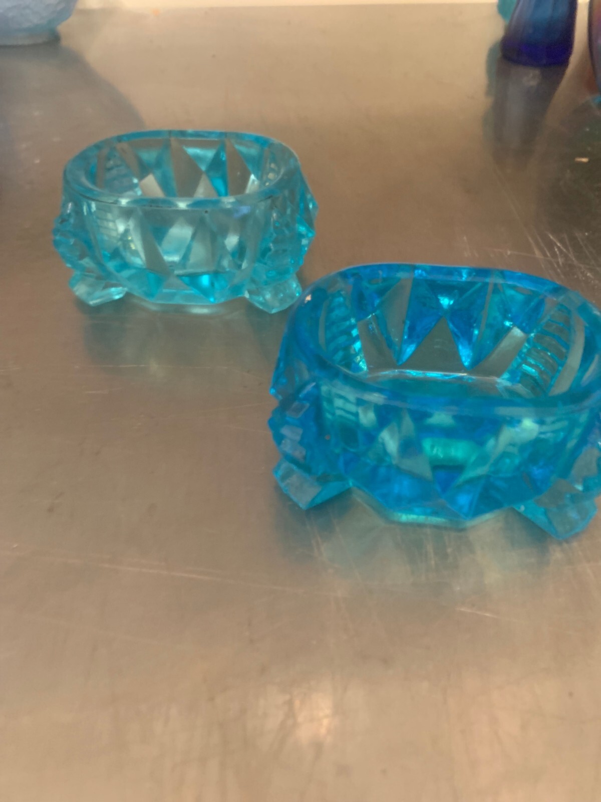 Pair of Large Blue Green Glass Salt Cellars - Ex | eBay
