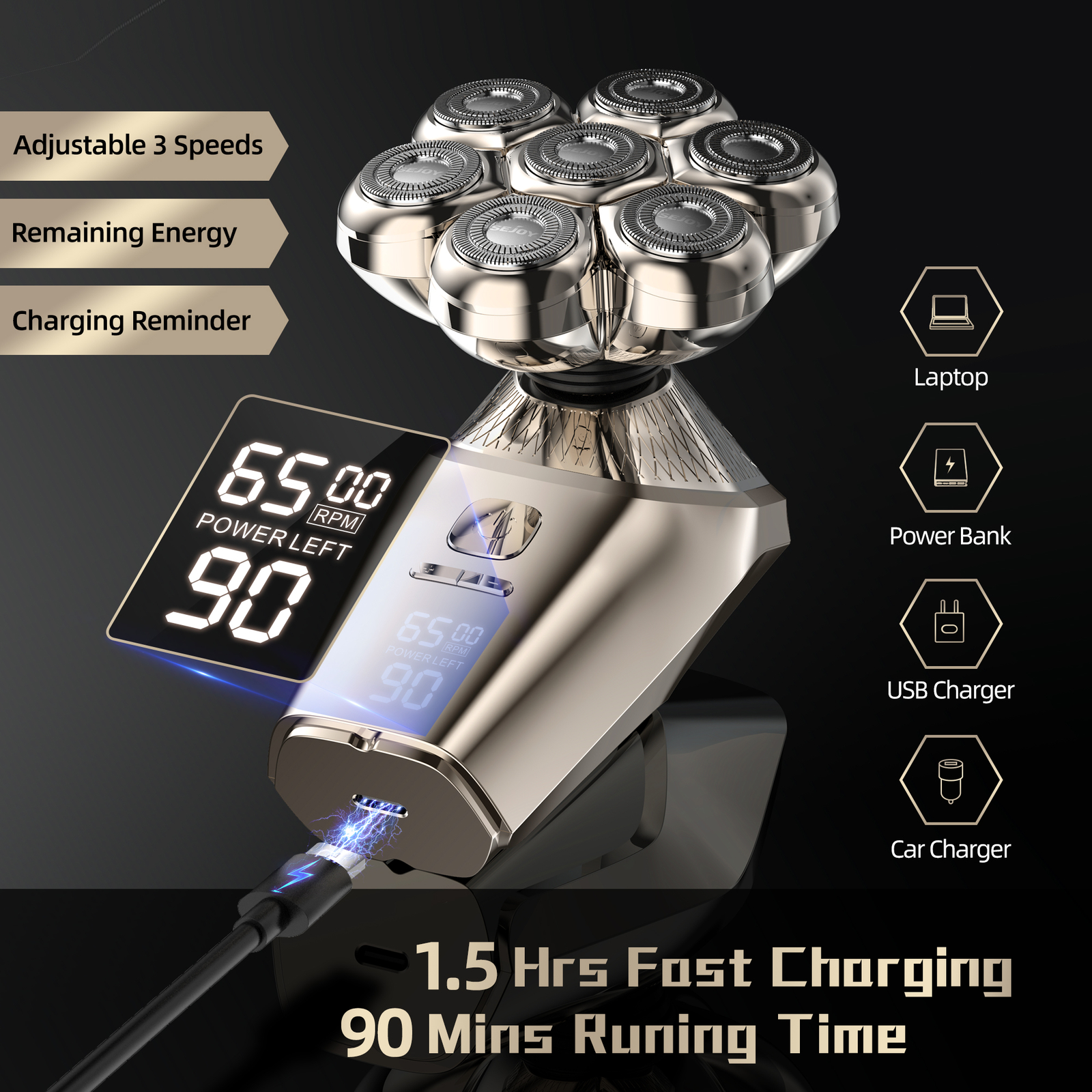 SEJOY 5 IN 1 Rotary Electric Shaver Rechargeable 7D Bald Head Hair ...