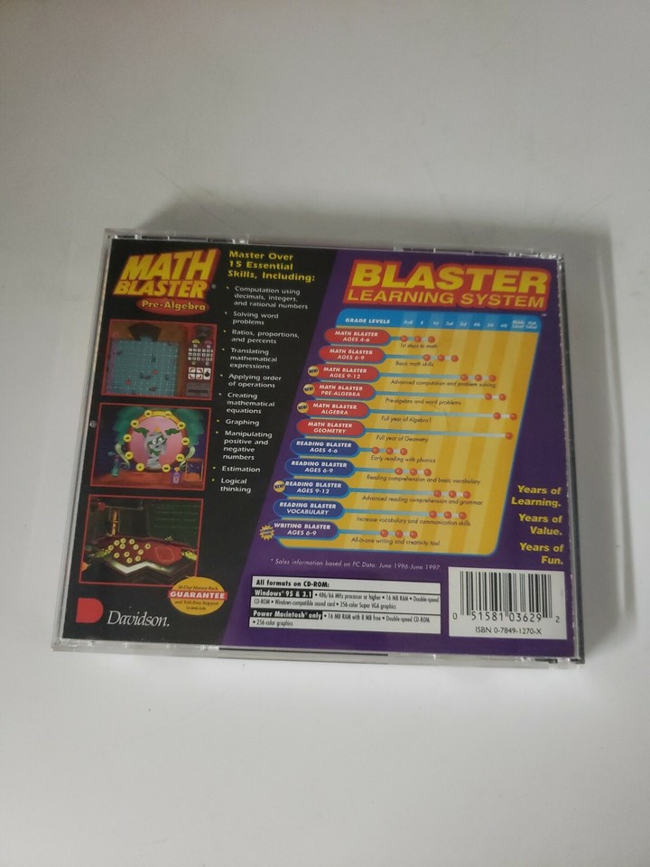 Davidson Pre-Algebra Math Blaster CD-ROM Educational WINOWS /MAC 1997 ...