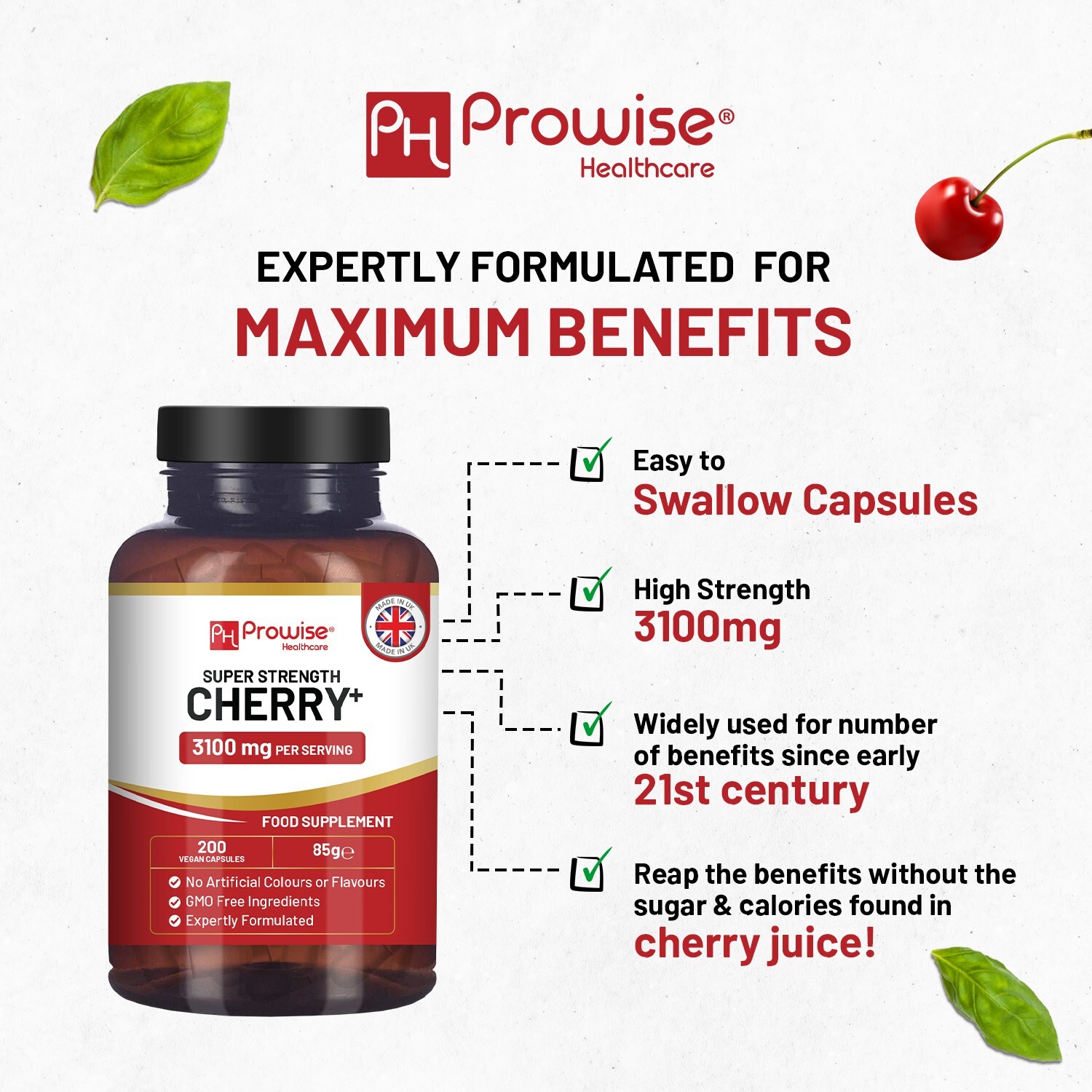 Prowise Cherry+ 3100mg I 200 Vegan Capsules I Super Strength Formula ...