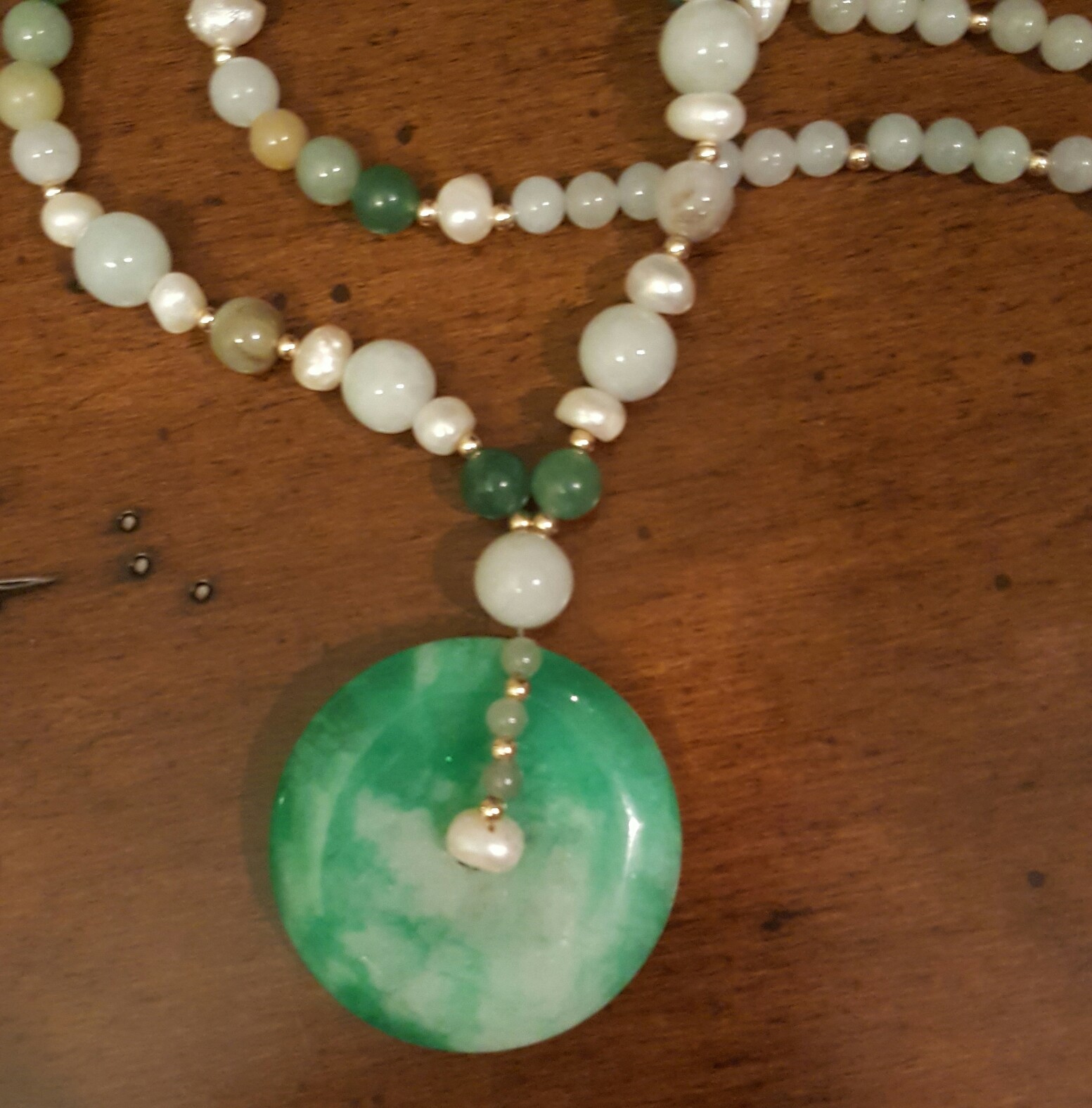 GRADE A JADE "PI" DISC PENDANT WITH SEED PEARLS, JADE & 14K GOLD FILLED ...