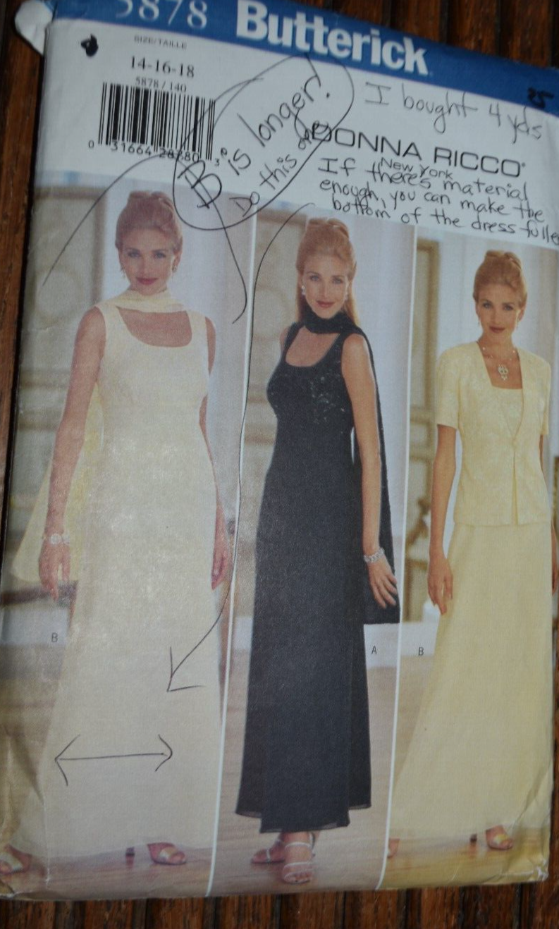 Butterick 5878 Sewing Pattern Uncut Misses Long Dress Jacket Scarf Size ...