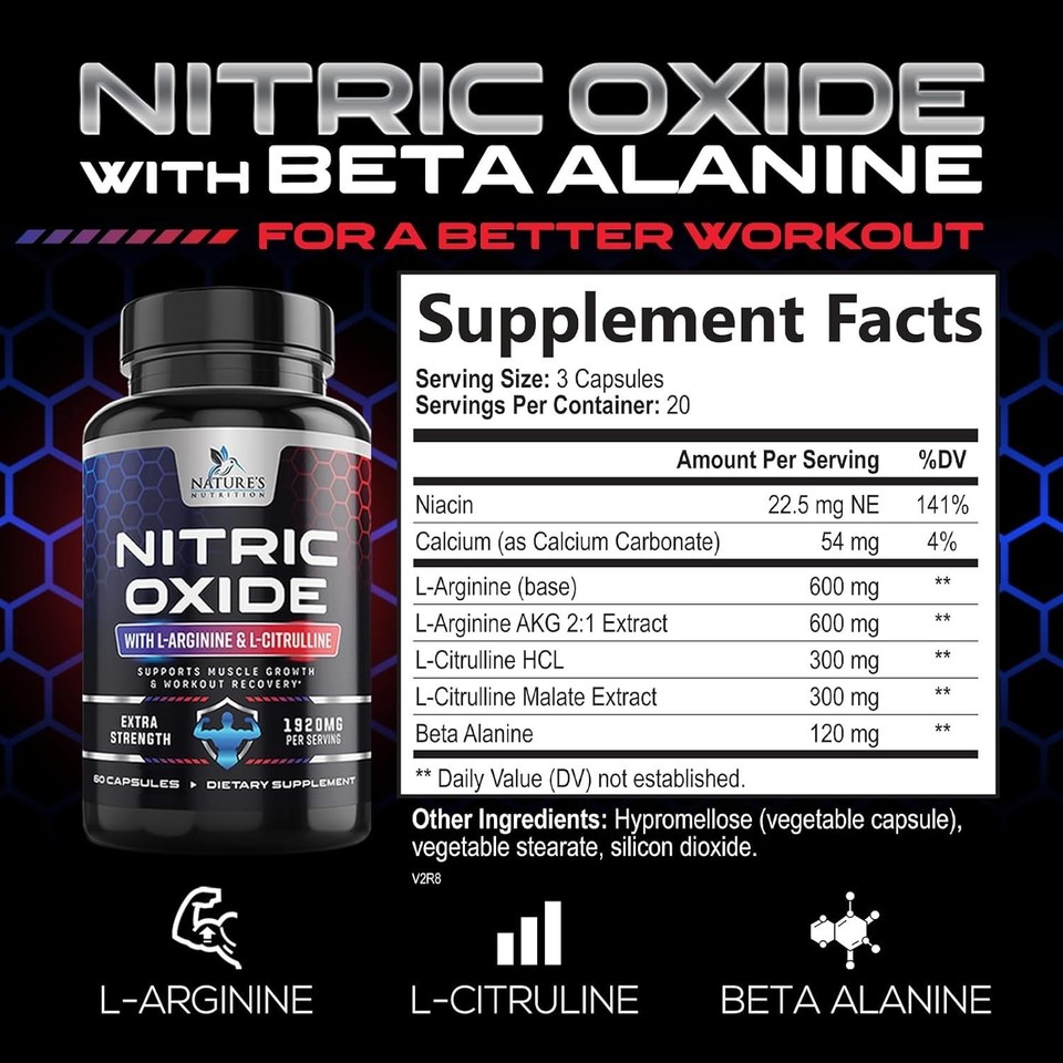 Nitric Oxide Booster Extra Strength, L Arginine 3X Strength Nitric ...