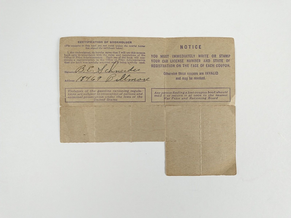 1940's WWII Basic Mileage Ration Card Michigan State 1940 Chevy PA165 ...