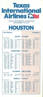 Texas International Airlines Houston timetable 11/13/77 [1053] Buy 4 ...