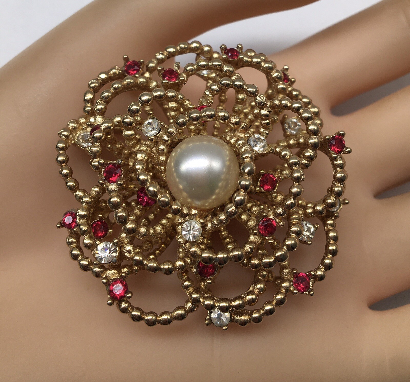 Vintage Marcel Boucher Brooch Pearl Rhinestone Rose F… - Gem