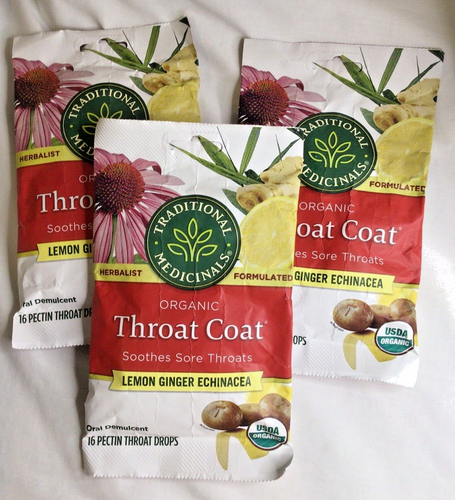 Lot of 3 Traditional Medicinals Throat Coat Drops, Lemon Ginger ...