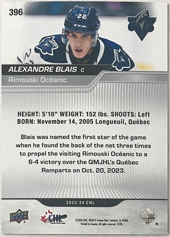 Alexandre Blais (RC) - 2023-24 Upper Deck CHL Star Rookies #396 ...