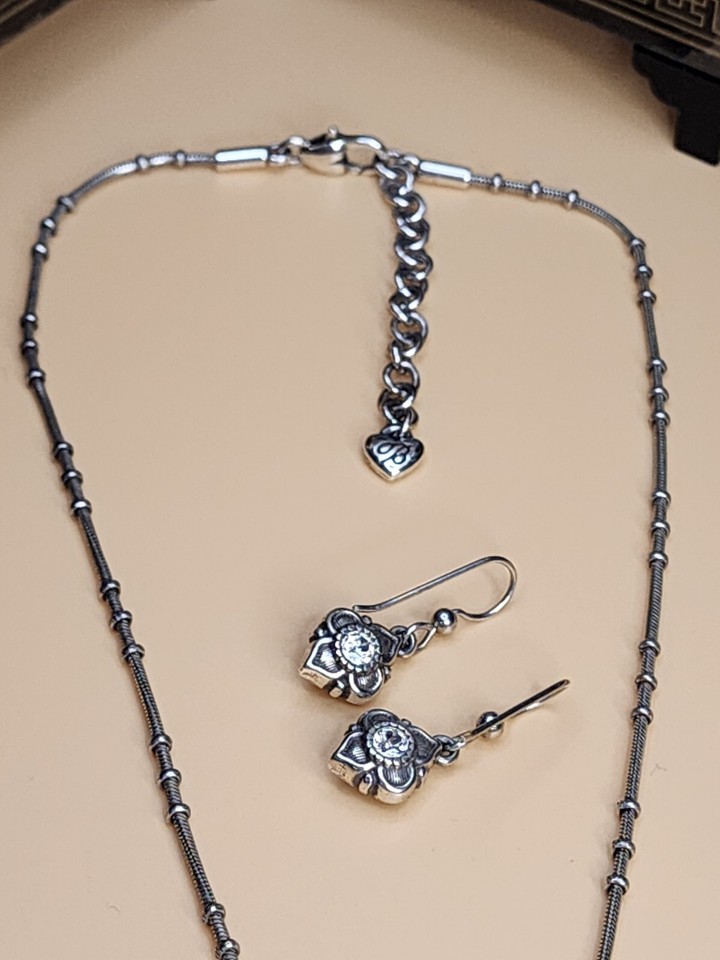 BRIGHTON Signed Fleur de Lis Silver Necklace & Earring Set Swarovski ...