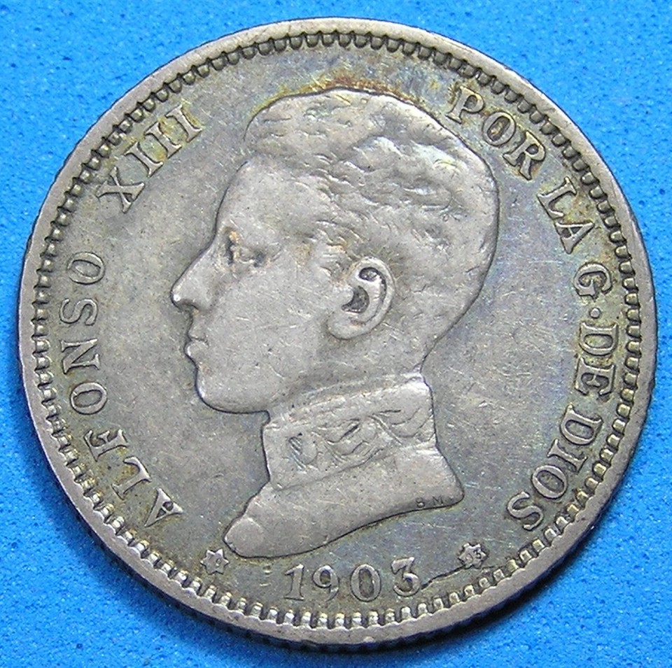 Spain 1 Peseta .835 Silver Coin 1903 SMV (03 in star), Free S/H after ...