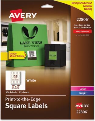 AVERY 2" x 2" PRINT-TO-THE-EDGE White SQUARE Labels, 300ct (22806) | eBay