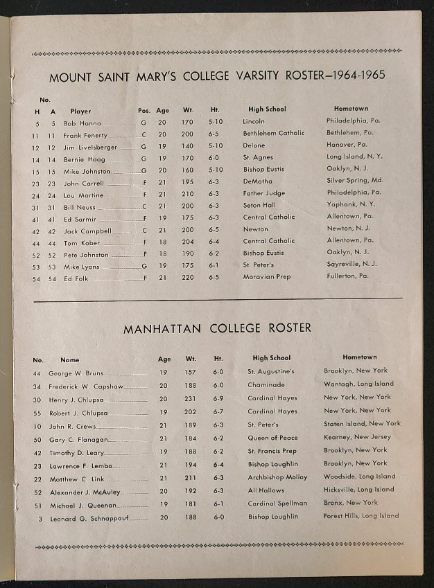 1964 COLLEGE BASKETBALL PROGRAM PENN STATE, NYU, MT. SAINT MARY'S ...