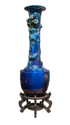 Japanese Awaji Cobalt & Turquoise Blue Porcelain Dragon Vase -- 30 1/2 ...