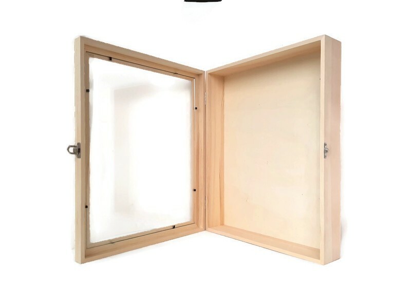 Deep Unfinished wood Shadow Box Glass door 15 " x 12" x 3 " Memory box ...