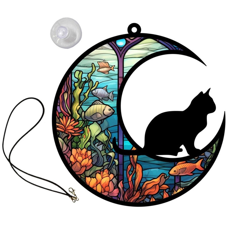 Window Hanging Acrylic Cat Moon Ornament Decorative Cat Sculpture Craft ...