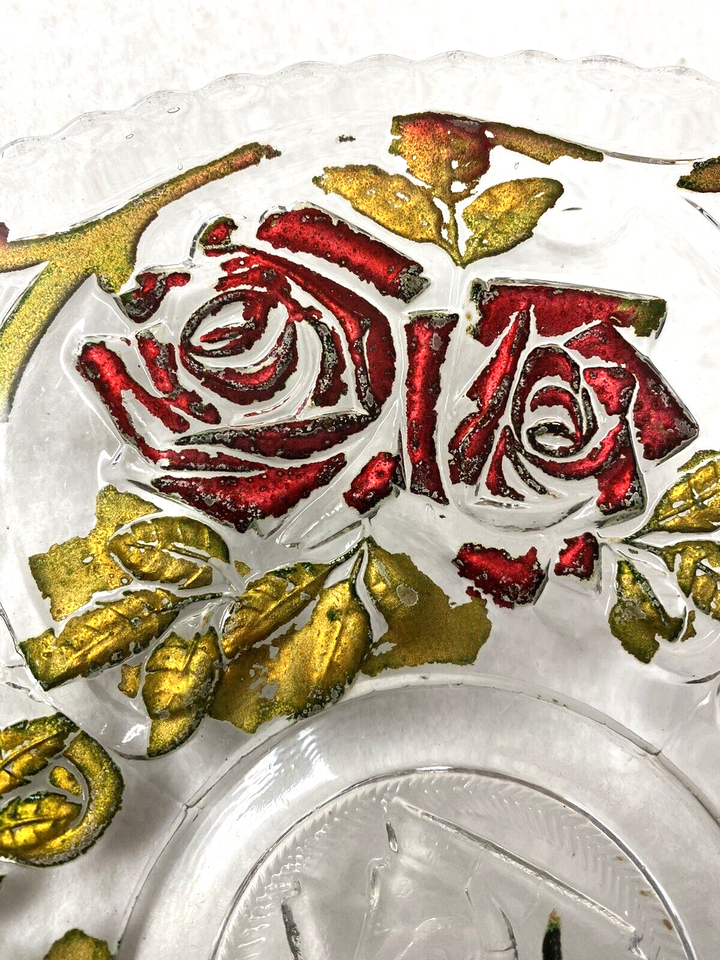 VINTAGE GOOFUS GLASS PLATE,GOLD RED ROSES,10 5/8",DINNER,SERVING ...
