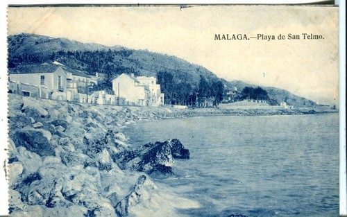 Spain Malaga - Playa de San Telmo old blue tone sepia postcard from ...