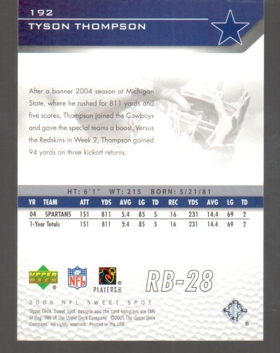 Tyson Thompson Rookie Rc #/D 2005 Upper Deck Sweet Spot #192 164/499 ...
