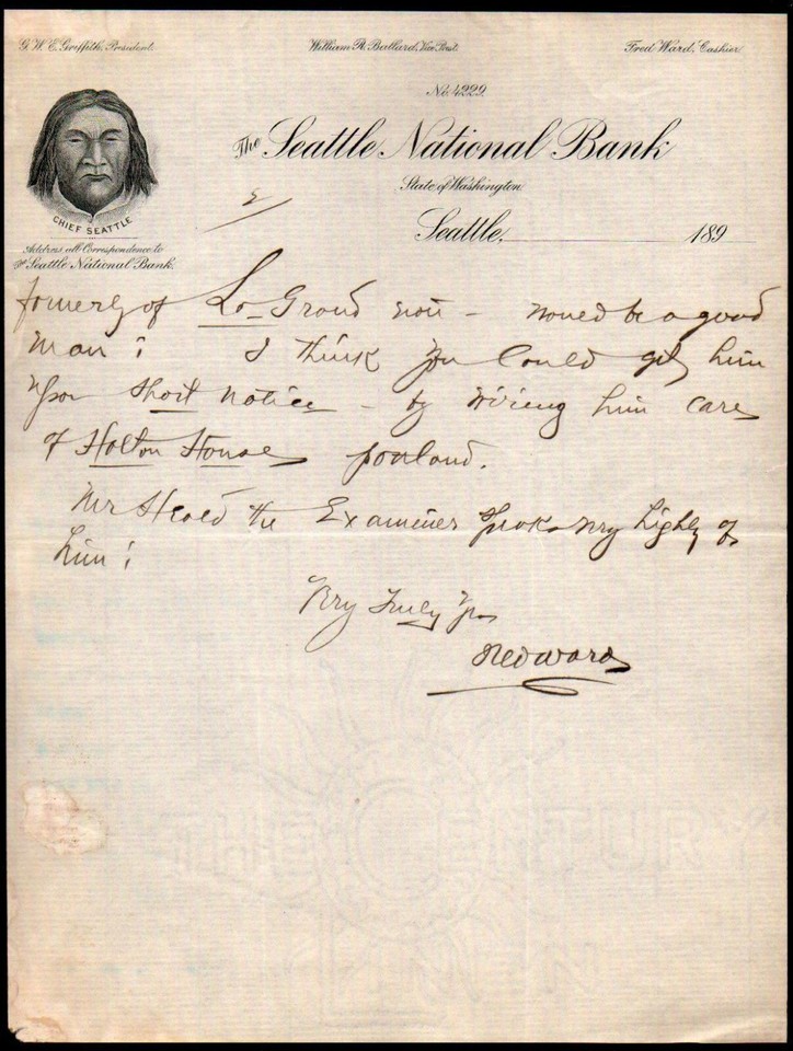 1891 Washington - Seattle National Bank - Chief Seattle - Rare Letter ...