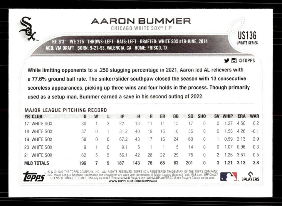 Aaron Bummer 2022 Topps Update #US136 Chicago White Sox | eBay