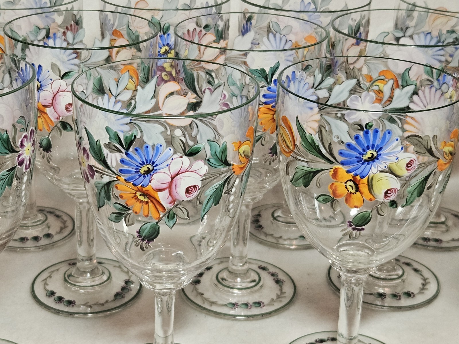 Set of 12 Antique Floral Hand Painted Enameled Water Goblets 6 1/4 ...