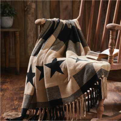 Primitive Farmhouse Black Star 100% Cotton Country Throw Blanket 50" x ...