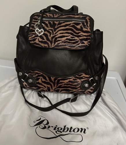 BRIGHTON LEEZA BROWN ZEBRA 3 WAY CONVERTIBLE BACKPACK 11 COMPARTMENTS ...