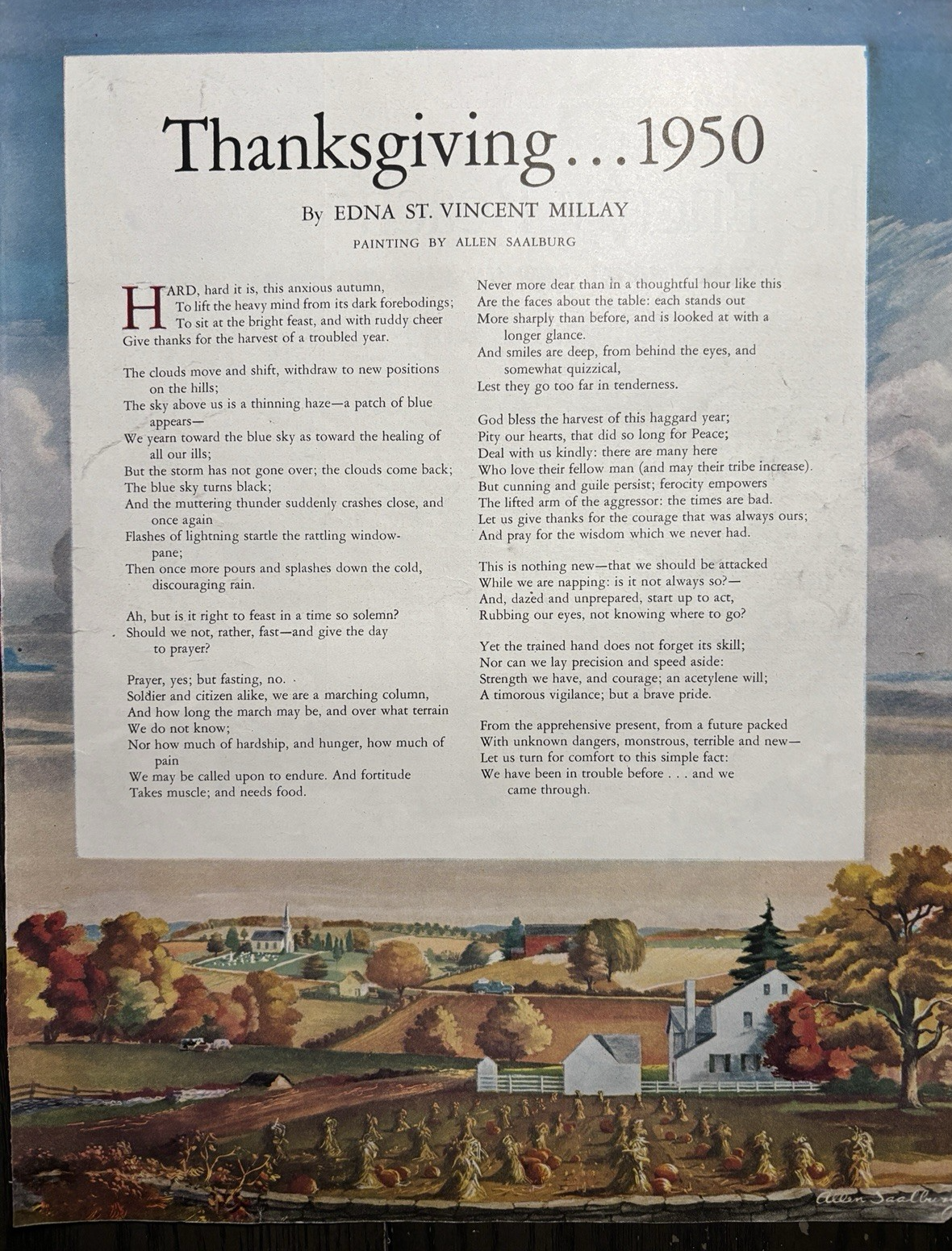 1950 Thanksgiving Poem Edna ST Vincent Millay Painter Allen Saalburg ...