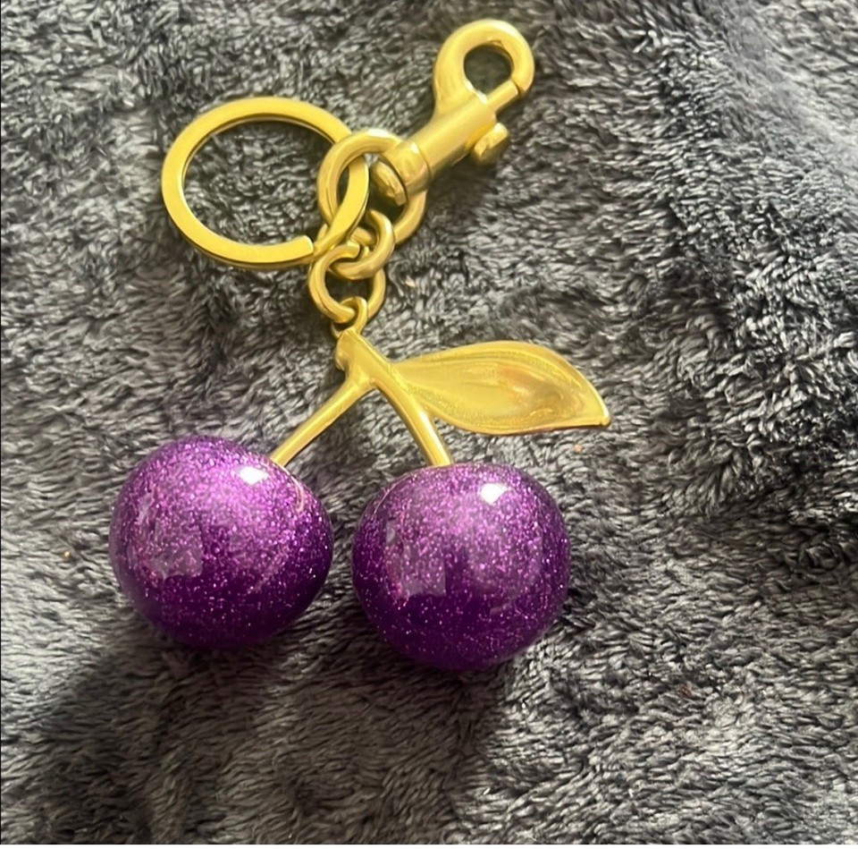 SET OF 2-Glittery cherry keychains, bag charms, purse charms in purple ...