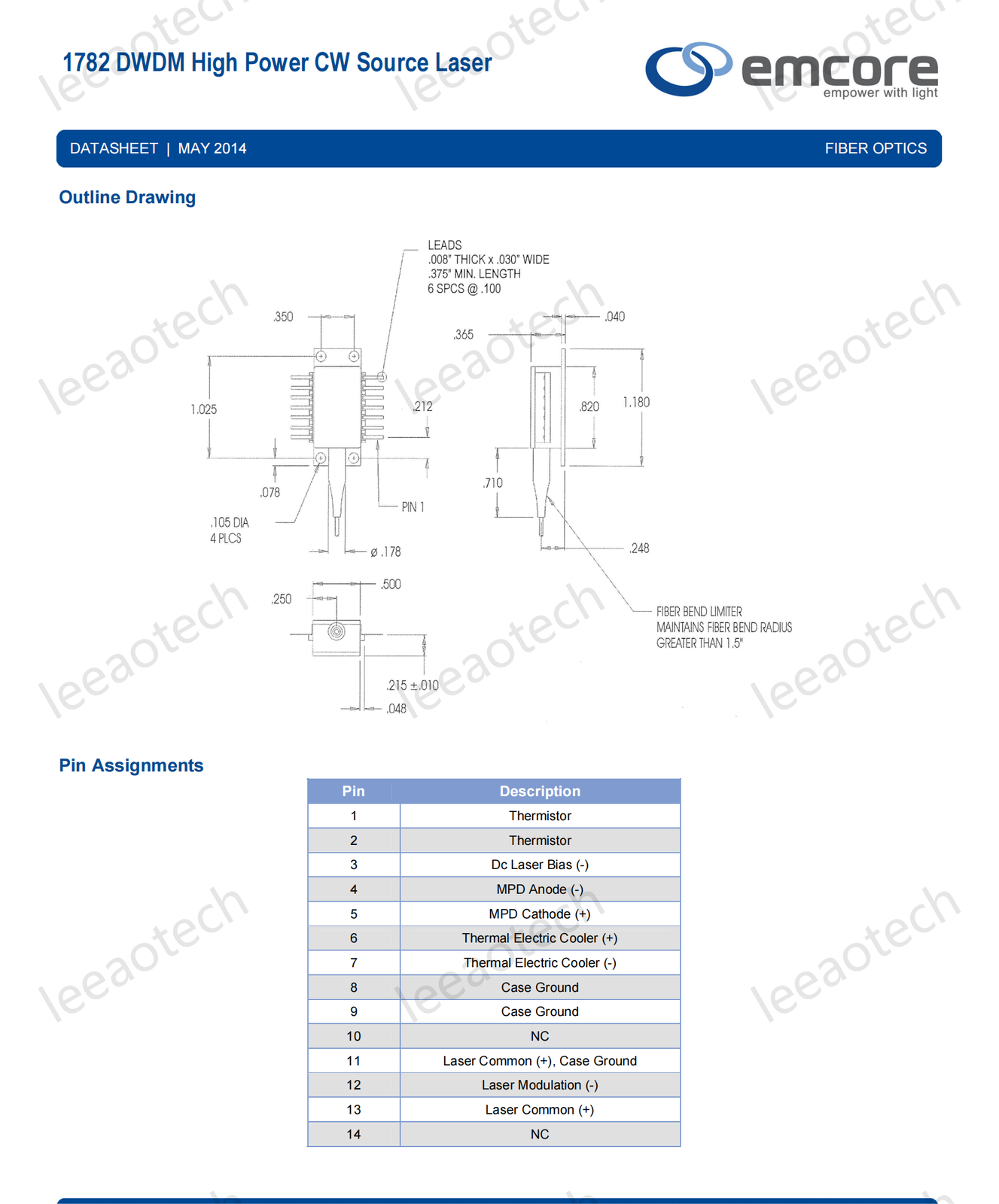EMCORE 1530-1550nm CW DFB Laser FC/APC Output 40-60mW PM Fiber 14Pin ...