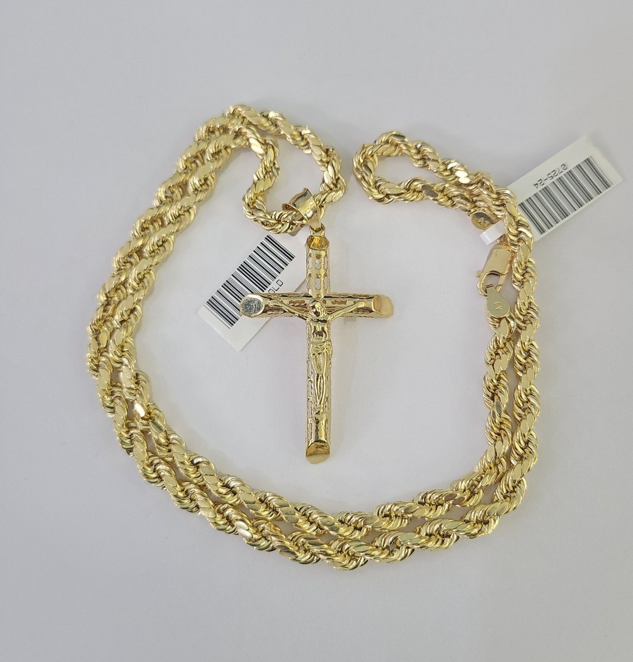 Real 10k Rope Chain Jesus Cross Charm Necklace Pendant Set 5mm 20"-30 ...