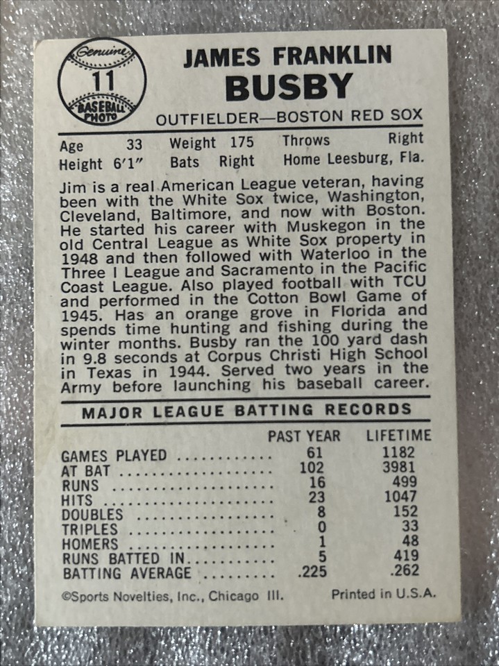 1960 Leaf Baseball #11 Jim Busby Boston Red Sox VG+ | eBay