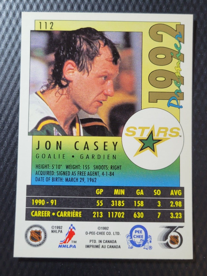 1991-92 O-Pee-Chee Premier JON CASEY Minnesota North Stars Hockey NHL ...