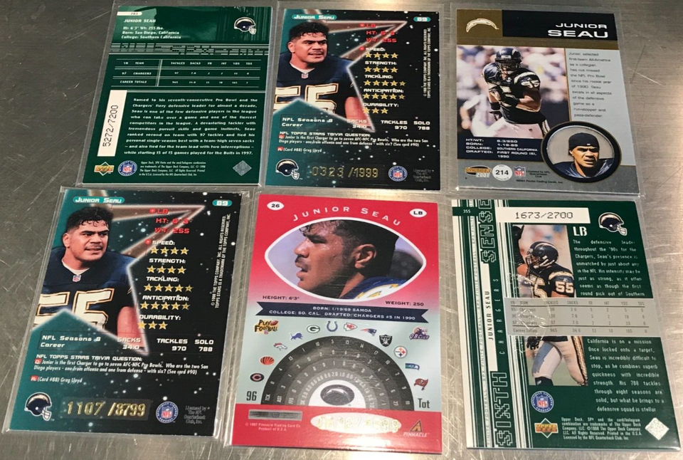 LOT OF 6 FOOTBALL JUNIOR SEAU SAN DIEGO CHARGERS CARDS-ALL SERIAL ...