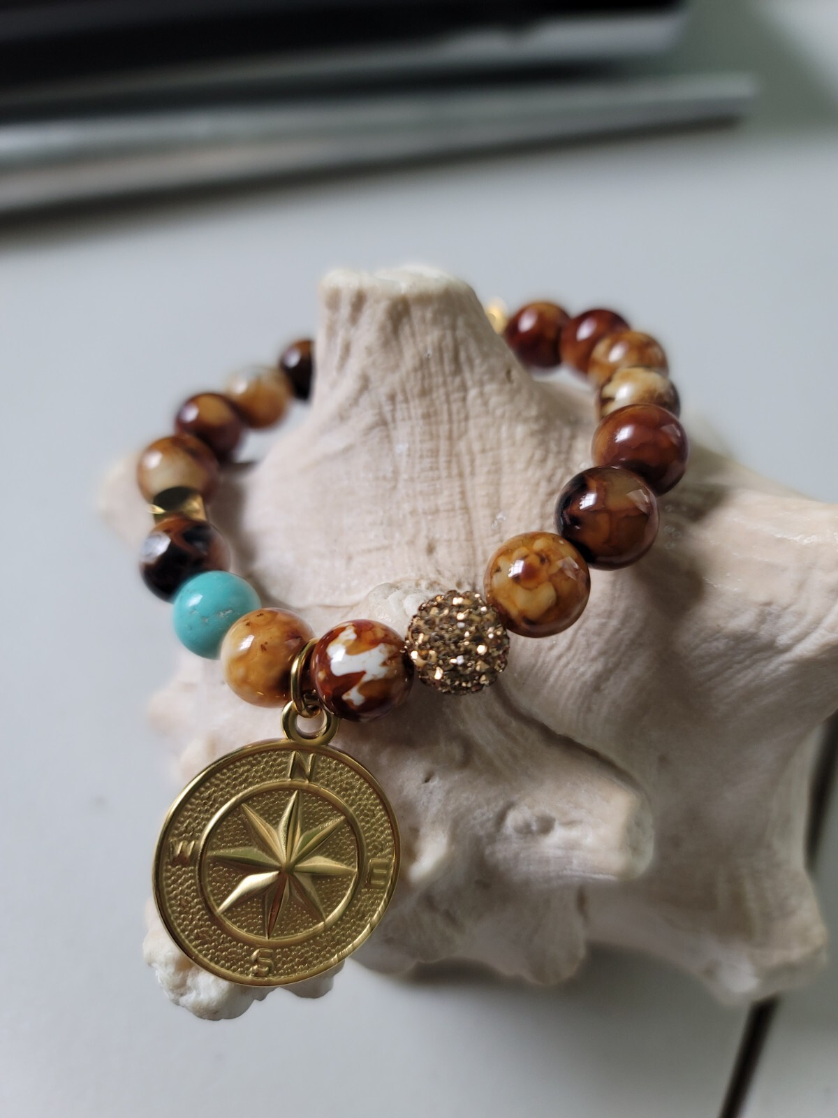 Earthy Brown Agate Bead Compass Bracelet | eBay