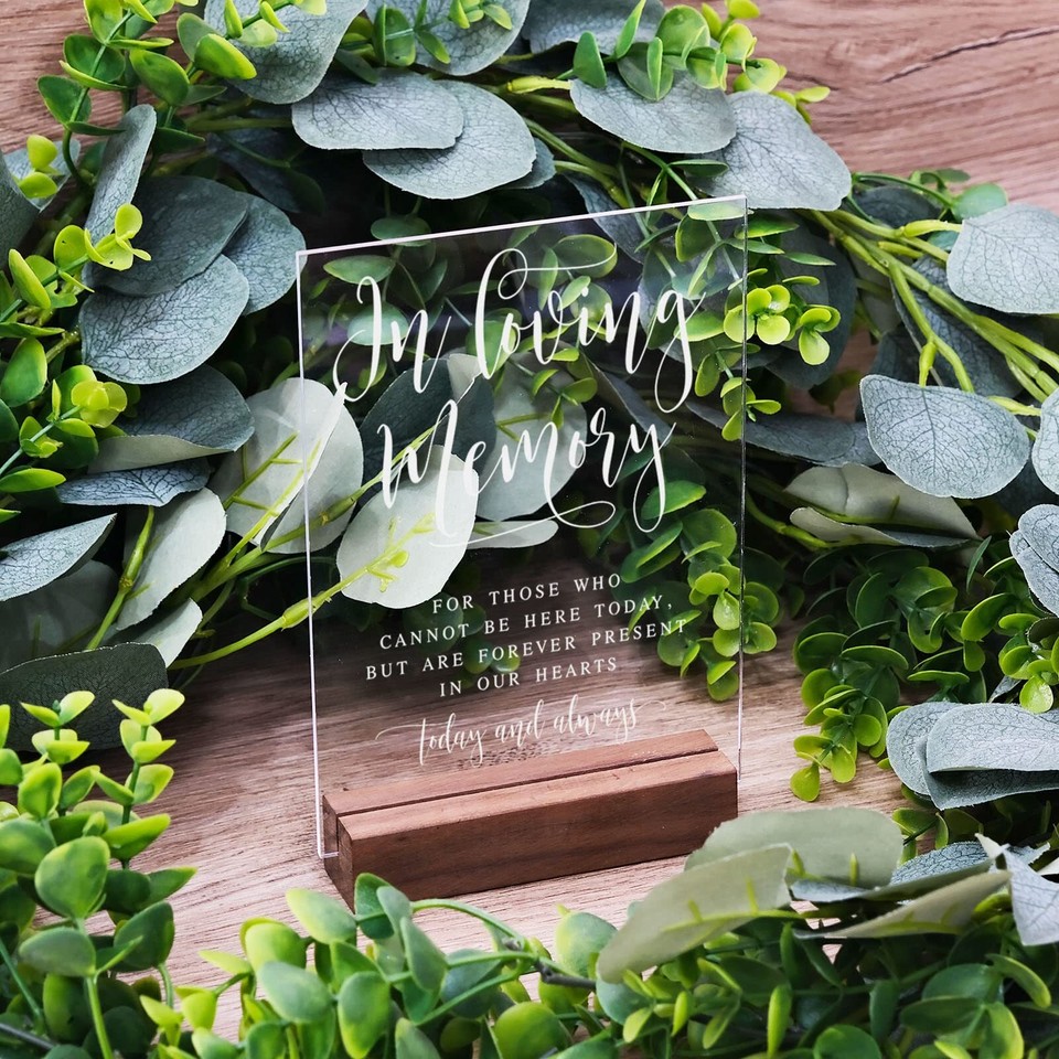 In Loving Memory Sign with Wood Stand- 5”x 7" Glass Look Clear Acrylic ...