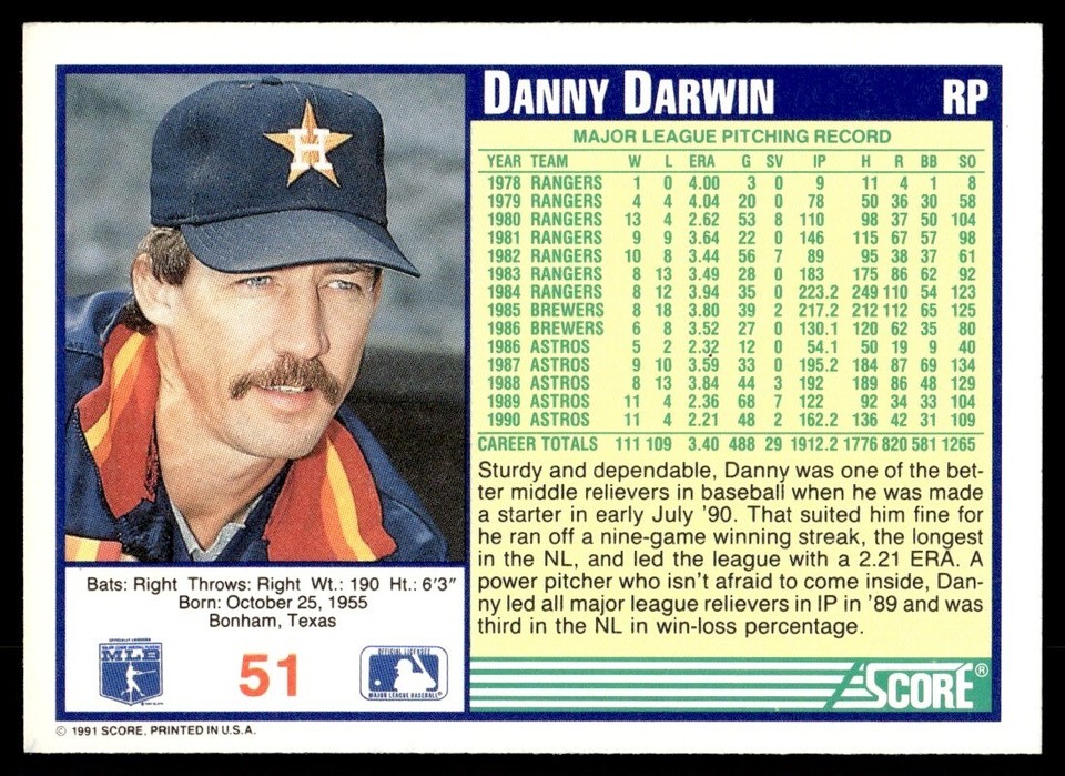 1991 Score Baseball Danny Darwin Houston Astros #51 Signed | eBay