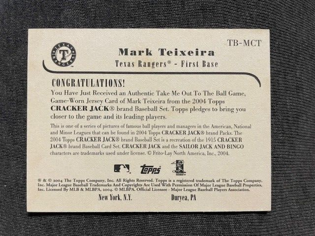2004 Topps Cracker Jack Mark Teixeira Game Used Worn Jersey Relic Card ...