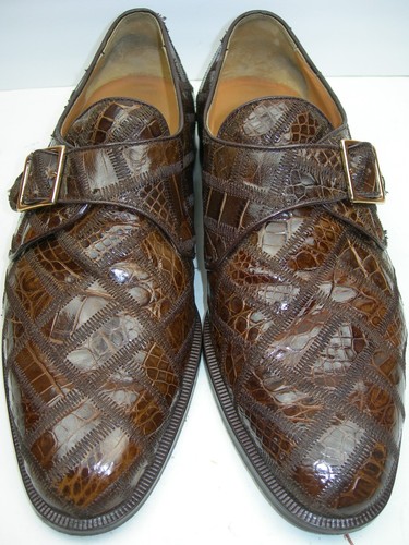 David Eden Men's Brown Leather Monk Strap Crocodile Oxford Dress Shoe ...