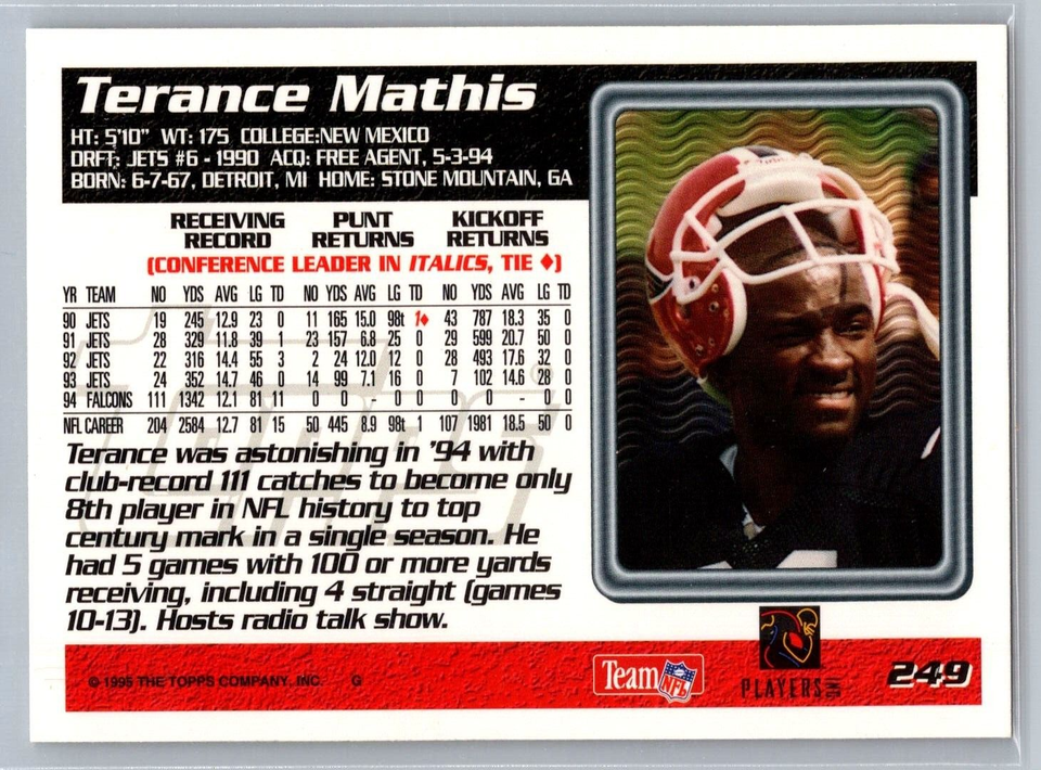 1995 TOPPS CARD # 249 Terance Mathis - Atlanta Falcons | eBay