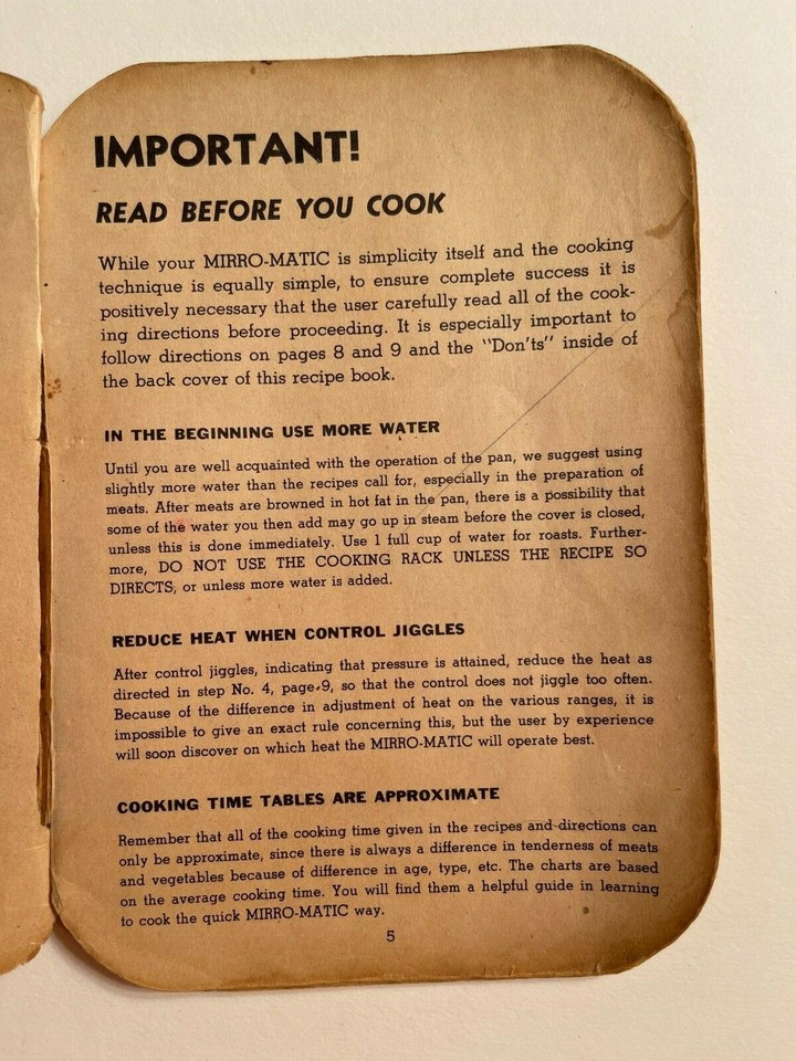 MIRRO-MATIC Pressure Pan Booklet Instructions Recipes, Vintage 1946 ...
