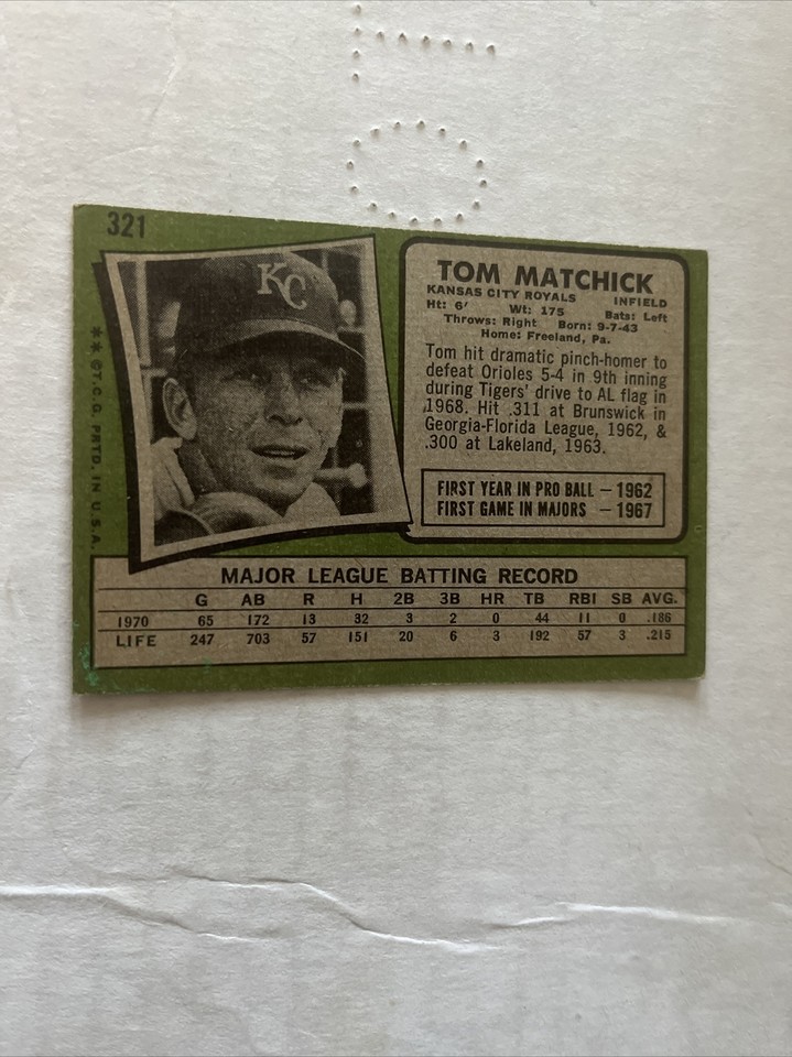 1971 Tom Matchick Kansas City Royals Topps Baseball Card #321 | eBay