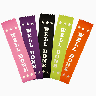 10 WELL DONE Satin Award Ribbons - Mixed Colours - Metallic SILVER ...
