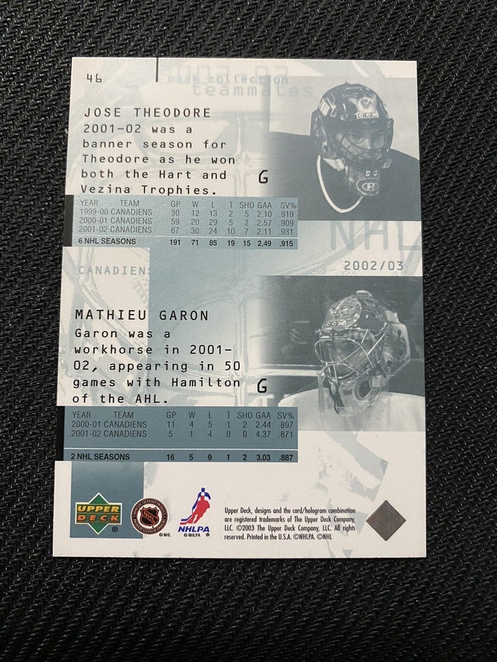 2002-03 UD Mask #46 Mathieu Garon Auto /Jose Theodore Canadiens ...