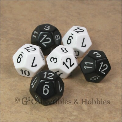 NEW Set of 6 Black White Numbered D12 Game Dice Twelve Sided RPG D&D ...