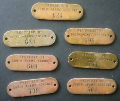 7 VTG BRASS LOCKER NUMBER TAGS "PROPERTY OF SOUTH ADAMS SCHOOLS INDIANA ...